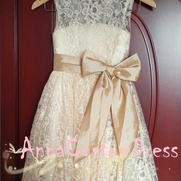 Scoop Ankle Length Champagne Lace Flower Girl Dress On Luulla